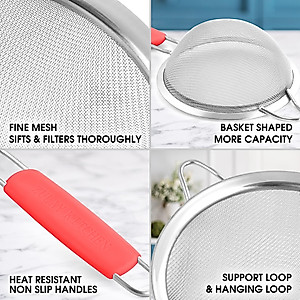 Zulay Kitchen Premium Stainless Steel Fine Mesh Strainer Set - Strainers For Kitchen (Set of 3) With Non-Slip Handles - Includes A Small, Medium & Large Fine Mesh Sieve Set - Durable Metal Strainer
