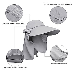 lenikis Women's UPF+50 Sun Visor Detachable Flap Hat Foldable Wide Brimmed UV Protection Hats Grey