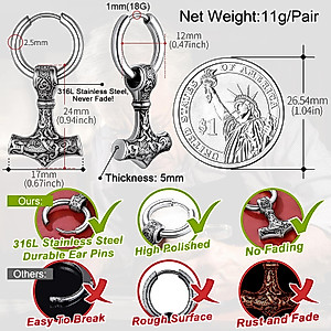 Viking Earrings for Women, Stainless Steel Norse Mythology Thor Hammer Ear Drops for Male Punk Jewelry
