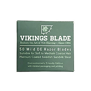 Double Edge Safety Razor Blades, Swedish Steel, 50 Count, by VIKINGS BLADE, Platinum Coated Replacement Razor Blade & Refills, Eco Friendly, Smooth, Close, Clean Shaving Blades, Mild & Gentle on Skin