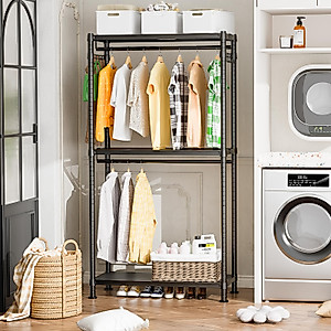 Clussbin Garment Rack Hanging Clothes Heavy Duty Clothes Rack, 3 Tiers Adjustable Wire Shelving Metal Clothing Racks with Double Rods and Side Hooks, Free Standing Wardrobe Closet for Bedroom, Black