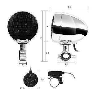 GoHawk AN4-X All-in-One Built-in Amplifier 4.5" Full Range Waterproof Bluetooth Motorcycle Stereo Speakers Audio Amp System, 1 to 1-1/4" Ape-Hanger Handlebar Harley Custom Touring Cruiser Chrome
