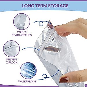 Stand Up Mylar Bags 5.5” x 8” +1.6" Heat Seal For Candy & Food Packaging, Medications And Vitamins - 100 Sealable Mylar Ziplock Bags with Gusset Bottom - For Liquid And Solids (5.5” x 8” + 1.57”)