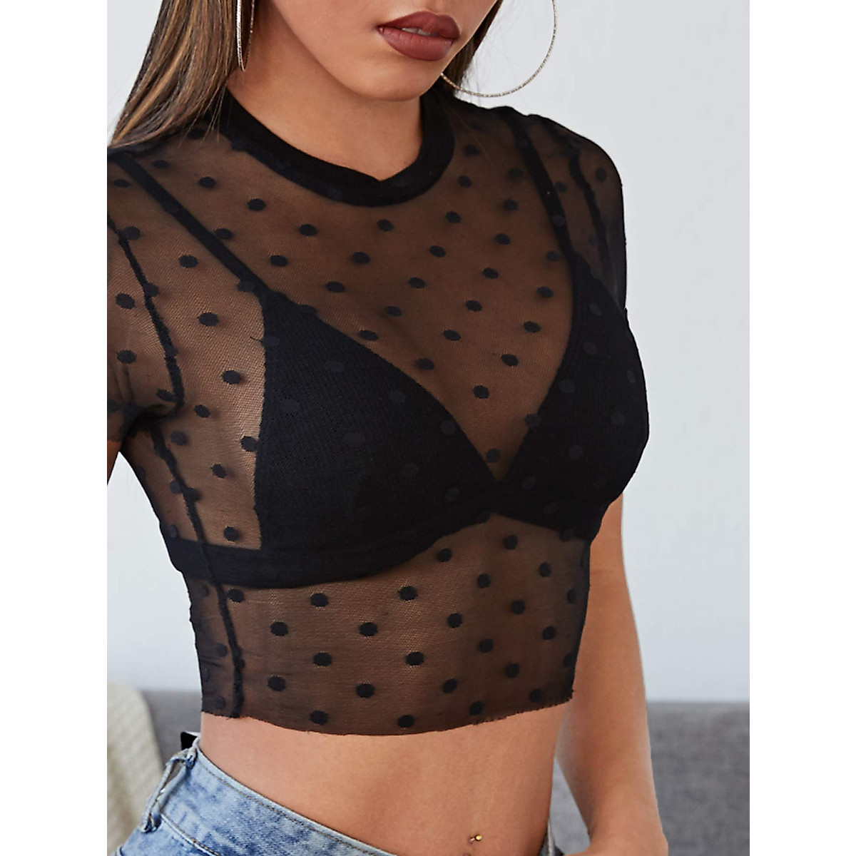 SweatyRocks Women's Short Sleeve Print See Through Sheer Mesh Crop Top T Shirt Polka Dot Black M