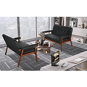STHOUYN 50”W Black Faux Leather Small Office Couch Loveseat Sofa with Wood Arms, Mid Century Modern Love Seat Sofas Lounge Armchair Living Room Bedroom (Black (loveseat))