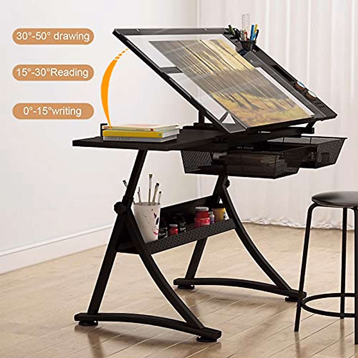 Adjustable Glass Drafting Table,Versatile Art Study Table,with Storage Drawers,Art Studio Design Sketching Painting Work Station