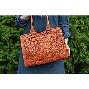 Mauzari Carlotta Women's Extra Large Tooled Leather Tote (Chestnut)