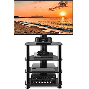 TAVR Furniture 4-Tiers Media Component TV Stand with Swivel Mount Audio Shelf and Height Adjustable Bracket, Black Floor TV Stand for 32-70 Inch LCD LED OLED Flat/Curved Screen TVs