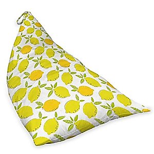 Lunarable Lemon Lounger Chair Bag, Citrus Pattern Dotted Fruit Doodles and Leaves on Plain Background, High Capacity Storage with Handle Container, Lounger Size, Yellow Green and Pale Orange