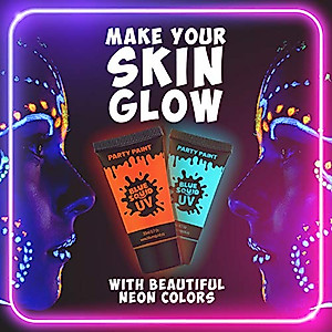 UV Face & Body Paint Set - Blue Squid, 8 Liquid UV Body Paints (8 Large 0.68 fl oz) +FREE BONUS Mini Ultraviolet Flashlight - Glow in The Dark Neon Face & Body Paint - Black Light Reactive Neon Paints