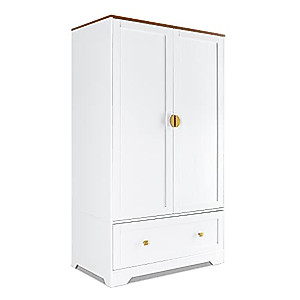 VINGLI Wide Wardrobe Closet, White Armoire Wardrobe with Hanging Rod, Shelves and Drawer, Freestanding Closet Wardrobe Cabinet, Armoires and Wardrobes with Doors for Bedroom, Kids' Room, Dorm