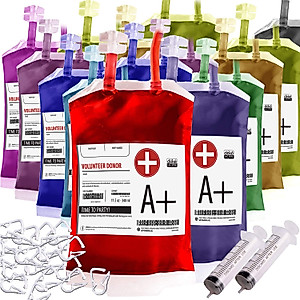 Blood Bag drinking. Set of 20 fake iv Blood Bags for Drinks, 11.5Oz, with Extra Syringe Set of 20 Labels and Clips. Drink pouches Halloween/Vampire/Zombie/Nurse Graduation/decorations Party suplies