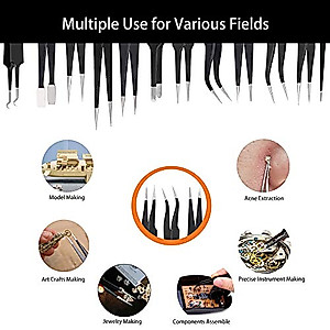BOENFU Precision Tweezer Set Anti-Static ESD Needle Nose Tweezers for Craft, Soldering, Jewelry, Ingrown, Eyelash, Electronics, 12-PCS