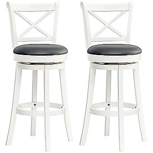 HOMCOM Traditional Bar Height Bar Stool, 31 Inch Seat Height Barstool, Swivel PU Leather Upholstered Chair, with Cross Back and Rubberwood Frame, Set of 2, Cream White