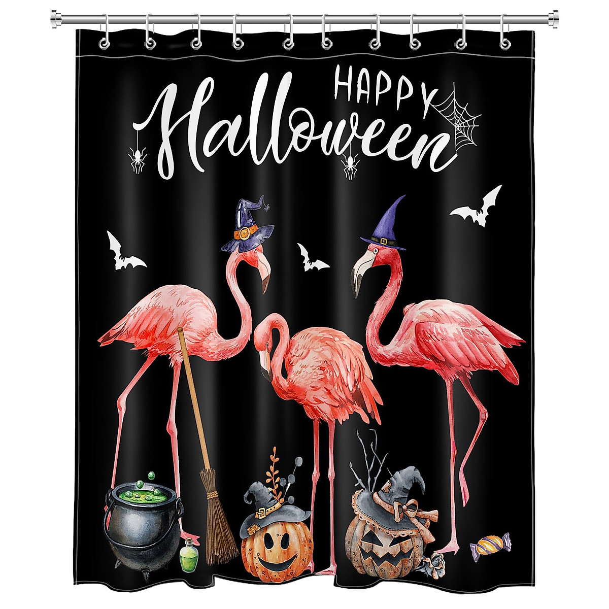 LB Happy Halloween Shower Curtain for Bathroom,Pink Flamingo and Orange Pumpkin with Magic Hat Broom Fabric Shower Curtain with Hooks,Horror Holiday Black Bathroom Curtain Shower Set, 60x72 inches