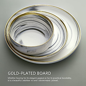 Pokini Dinnerware Sets, Marble Gold Line Plates and Bowls Sets Stoneware Dishes Set For 4, 12 Piece White Grey Marble Porcelain Round Dinner Dish Sets
