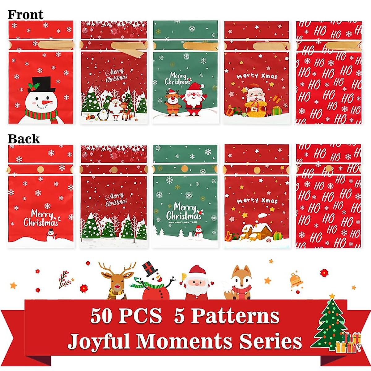 JOINDO 50 pcs Christmas Treat Bags, 6x9 Drawstring Holiday Goodie Bags for Party Favor, Stand up Xmas Candy bags (Joyful Moments Series)