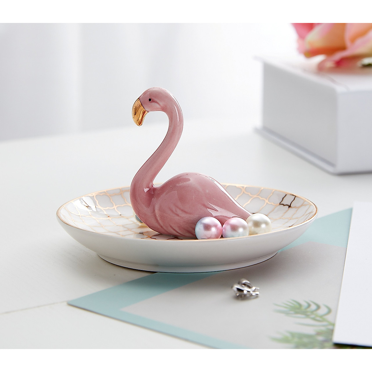 Luxury Porcelain Adorable Flamingos Jewelry Ring Holder - Ceramic Display - Rack Jewelry Dish Organizer – Perfect for Hold Rings - Chain Bracelets Earrings Trays Dish, Grid Disk-Pink