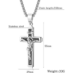 JTTBIGV Catholic Jesus Christ on INRI Cross Crucifix Gold Silver Tone stainless steel Pendant Necklace 24" Chain