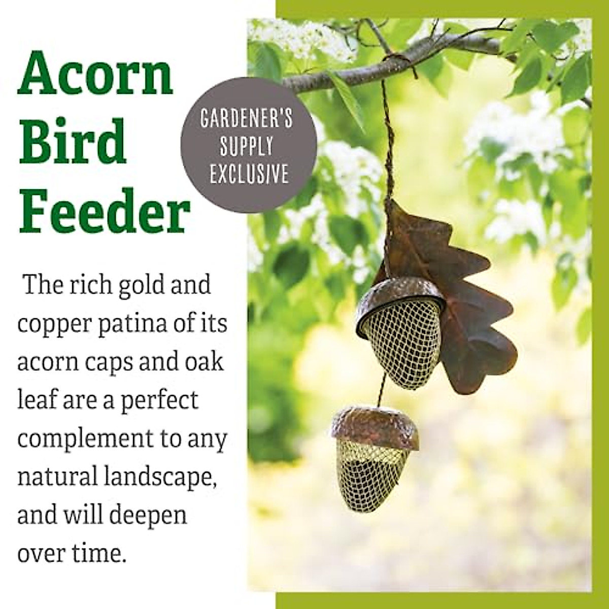 Gardener's Supply Company Acorn Bird Feeder | Sturdy Squirrel Proof Outdoor Garden Hanging Wild Bird Feeders | 2 Acorn Feeder, Metal Leaf & Hanger - Holds 2 Cups of Seed