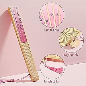 Barydat 6 Pieces Folding Fans Chinese Style Bamboo Handheld Fans Vintage Silk Fabric Holding Fan Foldable for Wedding Dancing Cosplay Party Wall Decoration