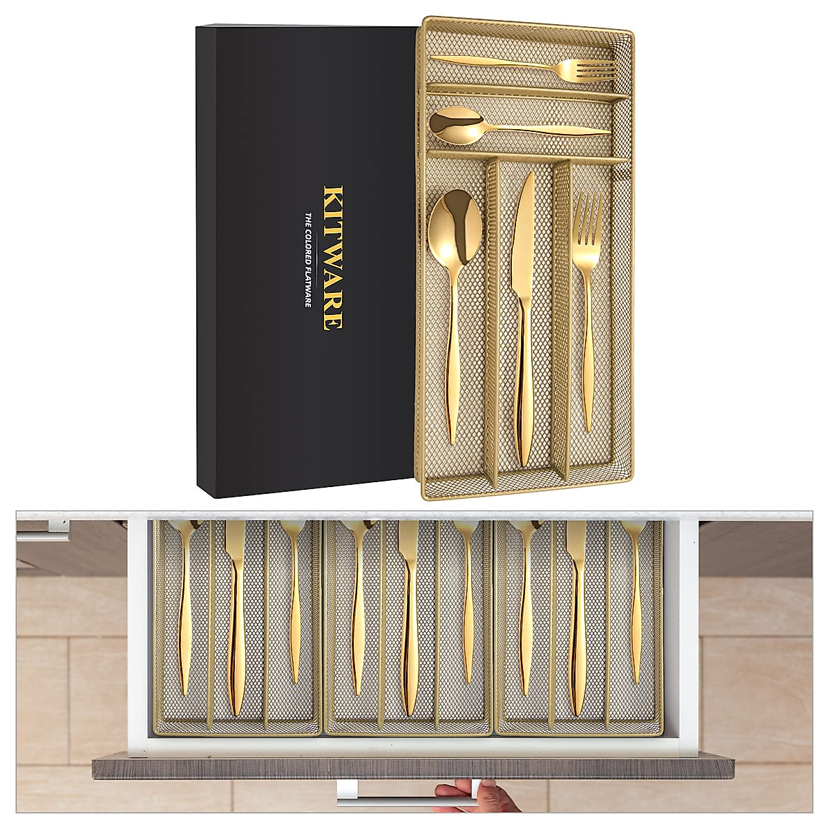 Gold Silverware Set with Organizer, 40-Piece Flatware Set for 8, Stainless Steel Kitchen Utensils Cutlery Set for Home Kitchen Restaurant Hotel,Dishwasher Safe