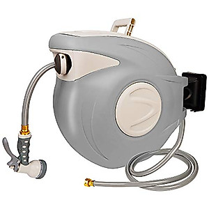 Twinkle Star Retractable Hose Reel, 65.6 FT+6.6 FT 5/8" Garden Hose Reel with 9 Pattern Nozzle, Heavy Duty Any Length Lock Slow Return System Auto Rewind, Wall Mounted 180 Degree Pivot Swivel Bracket