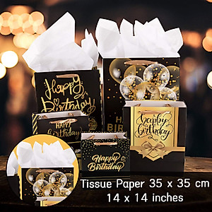 Whaline 10 Pack Birthday Gift Bag, Black Gold Party Favor Bags with Ribbon Handle and 24 Sheets Tissue Paper, Happy Birthday Treat Goodie Bags for Birthday Baby Shower Party Supplies (5 Sizes)