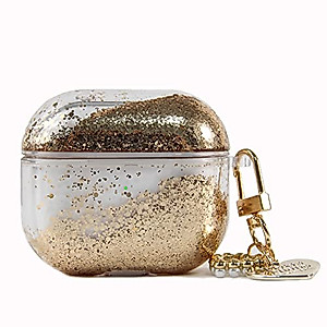 QIXIU Quicksand Headphone Case Compatible with AirPods Pro,Kawaii Cute Sparkle Liquid Protective Case,Funny Creative Hard Clear Airpods Pro Cover with Keychain (Gold,AirPods Pro)