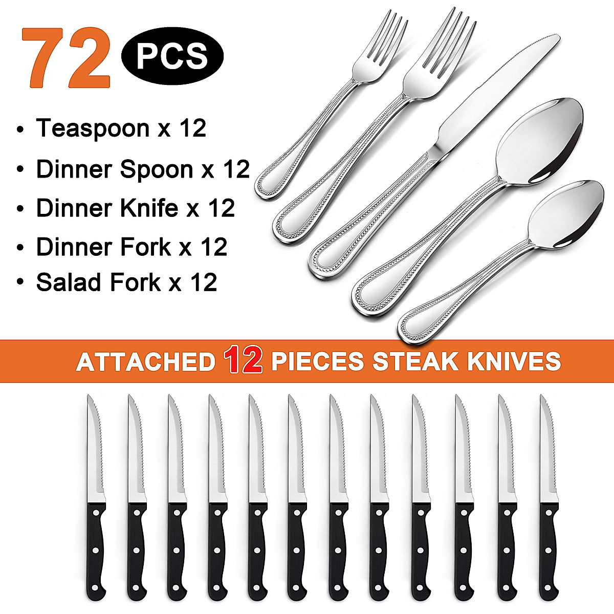 LIANYU Silverware Flatware Set for 12, 72-Piece Silverware Cutlery Set with Steak Knives, Fancy Stainless Steel Eating Utensils Tableware Include Forks Spoons Knives, Beaded Edge, Dishwasher Safe