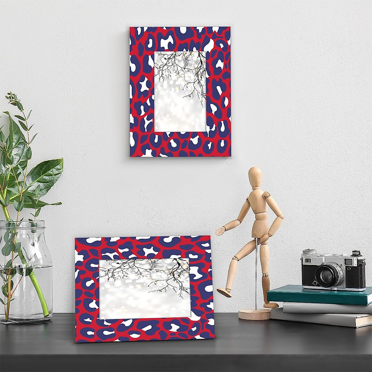 POFATO Leopard Print Blue Red 4x6 Picture Frame Wood Photo Frame for Tabletop Display Wall Mount Picture Frame Display 4x 6 Inch Photo Wall Decor Home Gift Frames