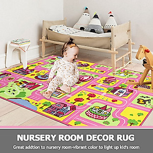 Capslpad Kid Rug for Playroom Pink Play Rug Traffic Road Car Play Mat 5.2x3.3 ft Educational Learning Area Rug Washable Kids Carpet for Children Girls Bedroom,Playroom,Nursery Room Decor