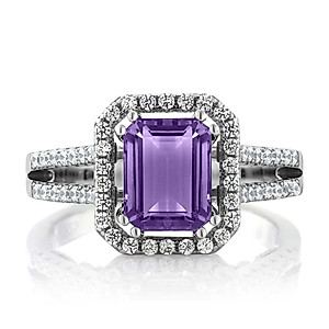 Gem Stone King 2.78 Cttw Purple Amethyst Engagement Ring For Women In 925 Sterling Silver | Emerald Cut 9X7MM | Gemstone Birthstone | Available In Size 5, 6, 7, 8, 9