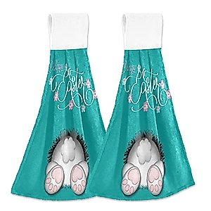 KOCOART Cute Bunny Foot Tail Kitchen Oven Towels Happy Easter Day Hanging Hand Towel with Loop 2 Pieces Super Absorbent Dishcloth Fingertip Tea Bar Dish Towel for Bathroom Tabletop