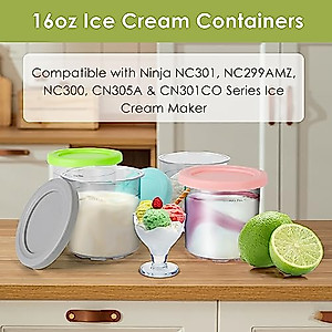 4 Pack Ice Cream Pint Containers, Replacement for Ninja Creami Pints and Lids, Compatible with NC299AMZ & NC300s Series Creami Ice Cream Makers, BPA Free, Dishwasher Safe, Grey/Pink/Green/Lake Blue