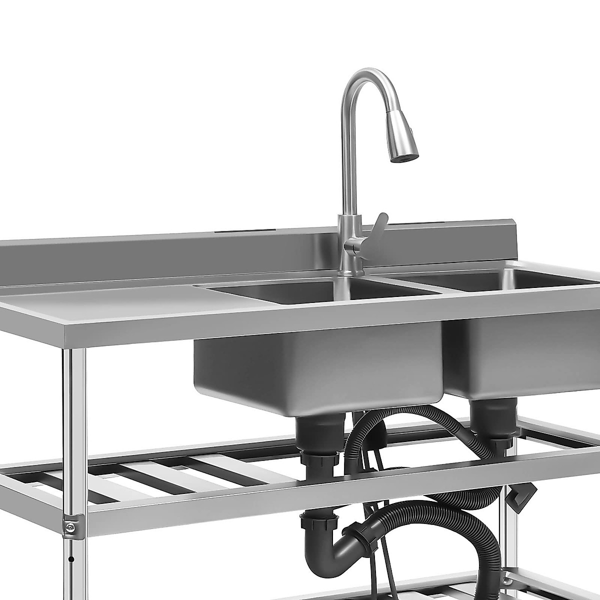 Stainless Steel Commercial Kitchen Sink Set, 47.2" x 17.7" x 31.5" Double Kitchen Sinks Free Standing Prep & Utility Restaurant Garage Kitchen Sink for Restaurant, Kitchen