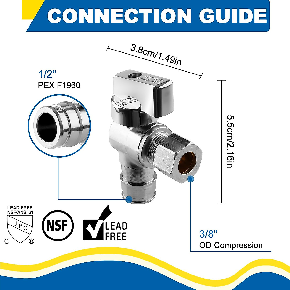 1/4 Turn Angle Stop Valve, 1/2" Expansion Pex F1960 X 3/8" OD Compression For Toilets And Faucets (Pack of 10)