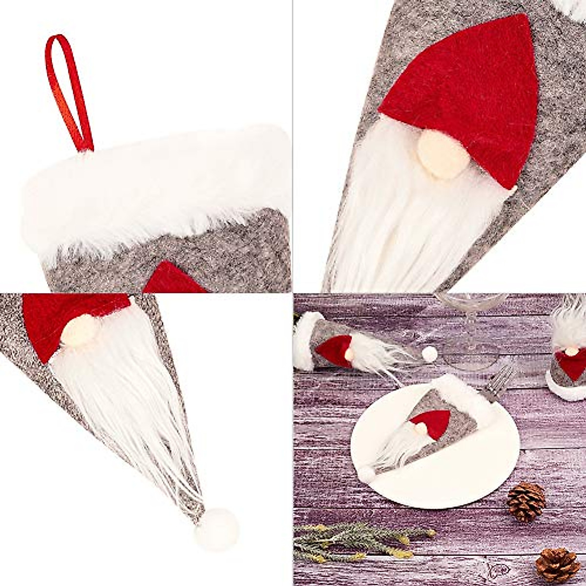 XIMINZ 12Pcs Christmas Santa Hats Silverware Holders, Nordic Santa Gnome Knife and Fork Holder Cover Tableware Bag Cutlery Holder Plush Bag Christmas Party Table Dinner Decor (red+grey)