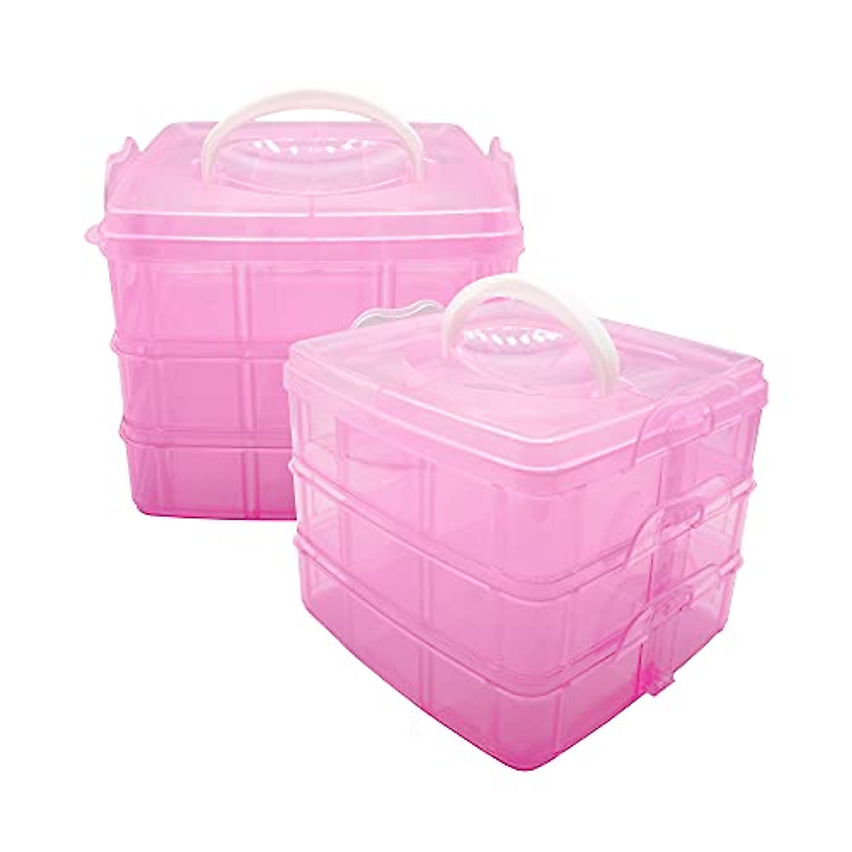 2 Pack - Small Pink Stackable Craft Organizer Box, 3-Layer Small Storage Container Case, with Adjustable Compartments for Beads, Crafts, Jewelry, Fishing Tackle (5.75 x 5.75 x 5 inches)