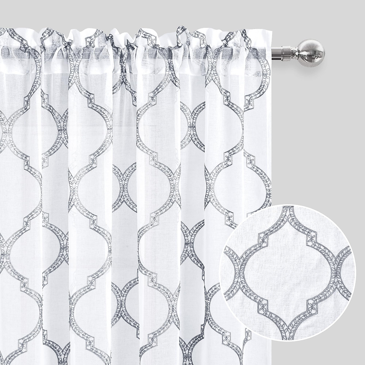 DWCN Embroidered Sheer Curtains - Faux Linen Moroccan Trellis Semi Voile Drapes Rod Pocket Window Curtains for Bedroom and Living Room, Set of 2 52 x 45 Inch Length, White & Grey