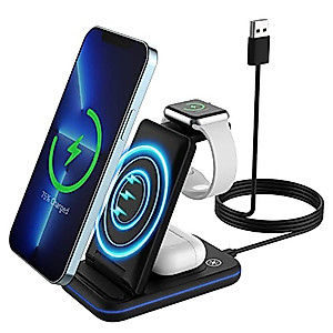 MoKo 15W Qi Fast Charging Station, 3 in 1 Wireless Charger Stand Foldable Charger Dock Compatible with iPhone 13/12/SE/Pro/11/XS/XR/X/AirPods 3/2/Pro/Apple Watch SE/7/6/5/4/3/2/Samsung Galaxy, Black