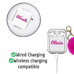 MARBLEFY Custom Name Airpods Case Cover Compatible with AirPods 2nd 1st Generation with Furball keychian, 4 Color to Choose Hot Pink Blue Lavender Pompom, Personalized for Girls and Women