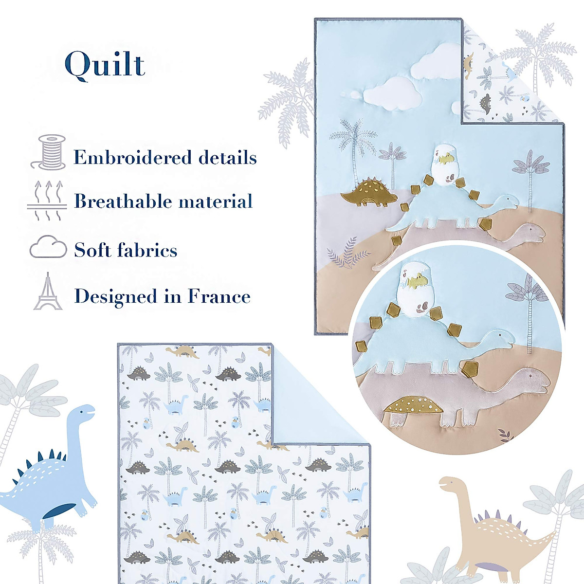 Dinosaur Crib Bedding Set for Boys, Crib Set for Boys includes - Dino Blanket, 2 Fitted Sheets, Pillowcase, Crib Skirt, Nursery Organizer - Dino Theme, Blue-White, 6 Piece boy crib bedding set