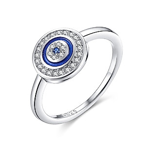 Round Blue Evil Eye Band Ring in Sterling Silver 925 Cubic Zirconia & Enamel[Size 6]