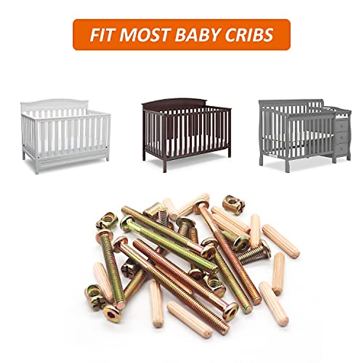 Crib Screws Hardware Replacement Kit - 16 Set Baby Bed Frame Bolts,Barrel Nuts&Wooden Dowel Pins Set - M6x16/40/60/80 mm Hex Drive Socket Cap Screws Nuts for Beds Headboards Chairs Furniture