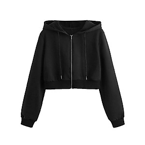 MakeMeChic Women's Cropped Zip Up Hoodie Sweatshirt Cropped Jacket Fleece Lined Black1 S