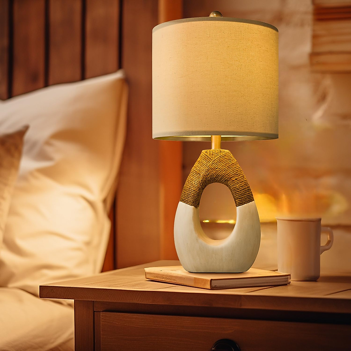 OYEARS Boho Table Lamps Bedroom Living Room Set 2 Small Farmhouse Rattan Table Lamp 19”Rustic Home Decoration Nightstand Bedside Lamp for Office Compatible with Smart Light Bulbs(Not Include Bulbs)