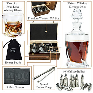 Whiskey Decanter and Stones Gift Set for Men - Whiskey Decanter, 2 Twisted Whiskey Glasses, 10 Stainless Steel Stones, 2 Slate Coasters, Tongs & Freezer Pouch in Wooden Gift Box