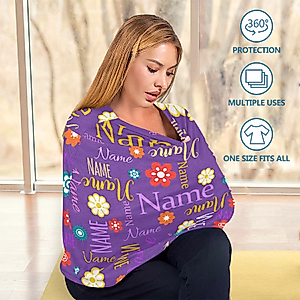 Colorful Flowers Purple Personalized Baby Car Seat Covers with Name, Custom Nursing Cover Breastfeeding Scarf Soft Breathable Stretchy Coverage, Infant Stroller Cover for Boys Girls