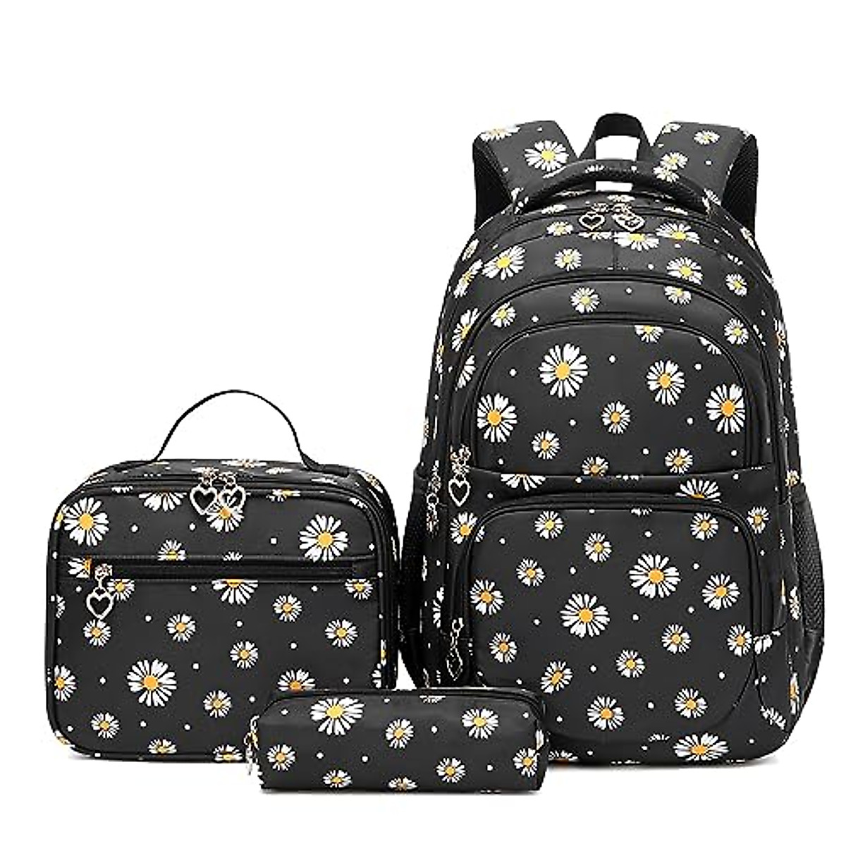 ZHIERNA School Backpack 3PCs Daisy Prints Set With Lunch Bag, Bookbags with Pen Case For Teen Girls Kindergarten Elementary（Black）